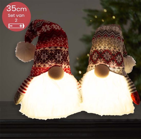 Handgemaakt wit Gnomen-duo met LED verlichting en sierlijke mutsen - 35 ...