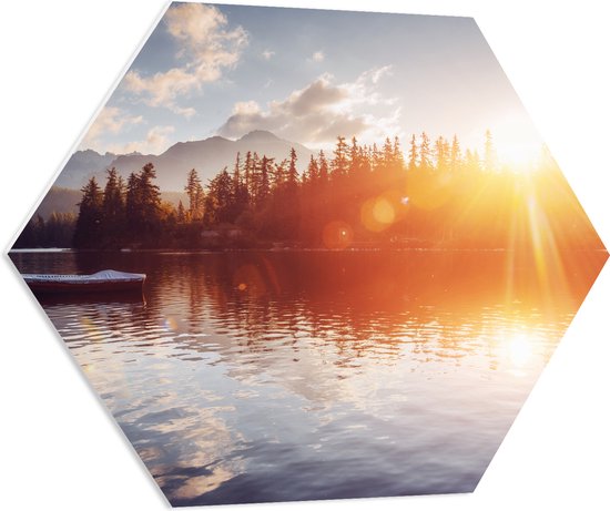 PVC Schuimplaat Hexagon - Zon Zakkend achter Rij Bomen aan het Water ...