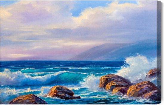 Schilderijkoning - Canvas Schilderij Golven En Rotsen In De Zee - 30 x 20 cm | bol