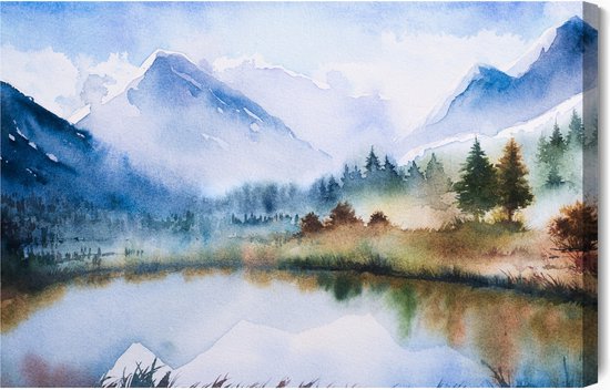 Schilderijkoning - Canvas Schilderij Berglandschap Geschilderd Met Aquarellen - 90 x 60 cm | bol