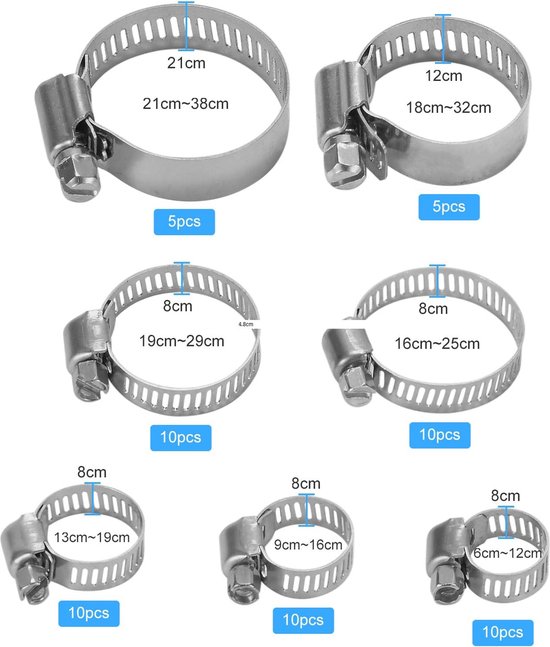 Hose Clamps Stainless Steel Set, 8 Sizes, 6-38 mm, 60 Pieces ...