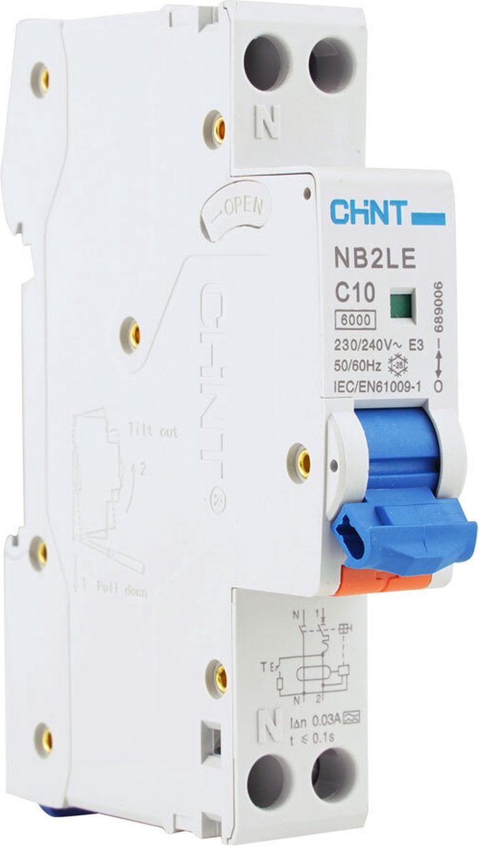 Chint aardlekautomaat 1-polig+nul 10A C-kar 30mA (689006) | bol