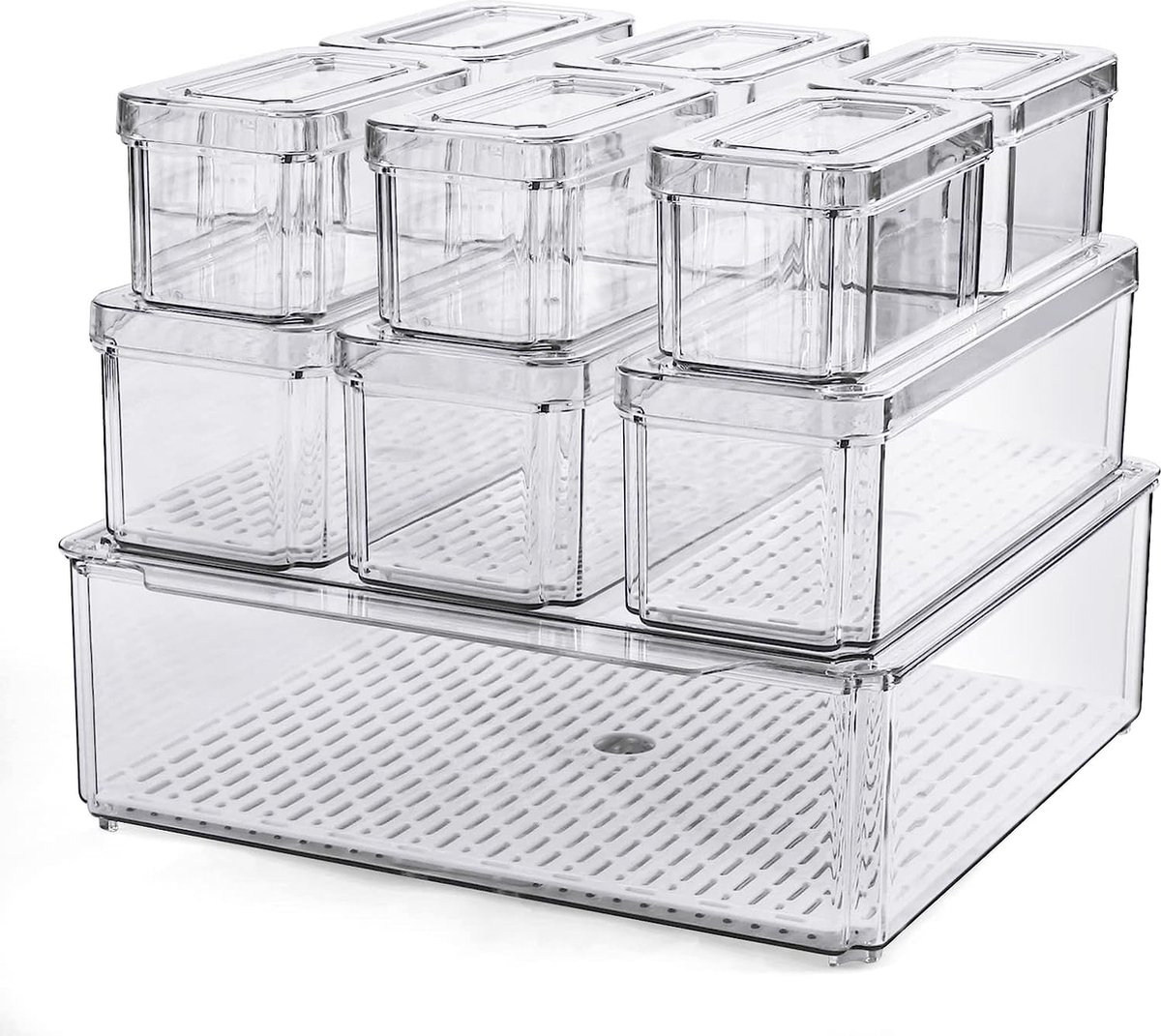 Koelkastorganizer, set van 10 opbergdozen met deksel, stapelbaar ...