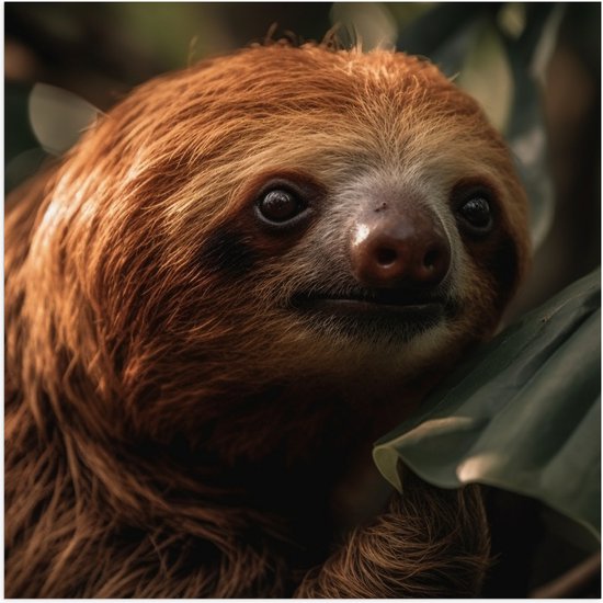 Poster Glanzend – Bruin luiaard in boom steunt zijn hoofd op blad ...