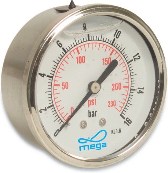 Profec manometer met achteraansluiting, glycerinevulling, 63 mm, -1 ...