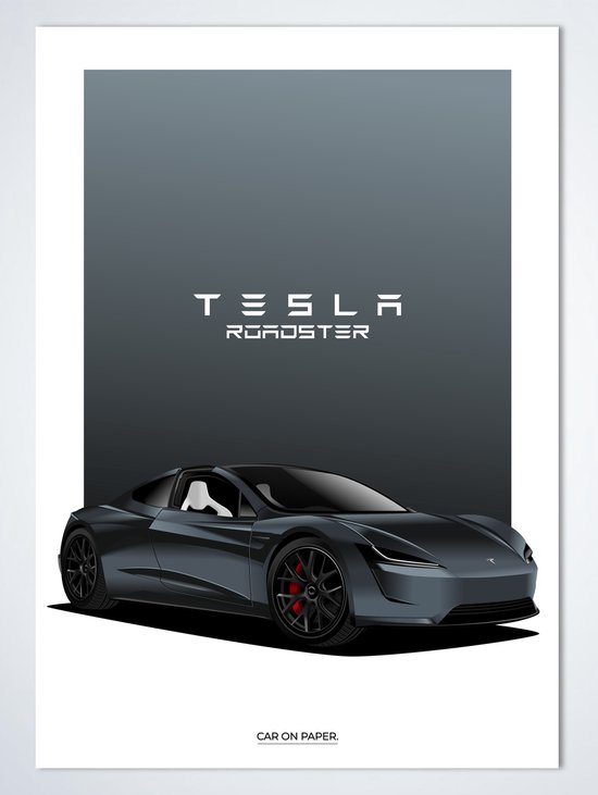 Tesla Roadster Lichtgrijs op Poster - 50 x 70cm - Auto Poster ...