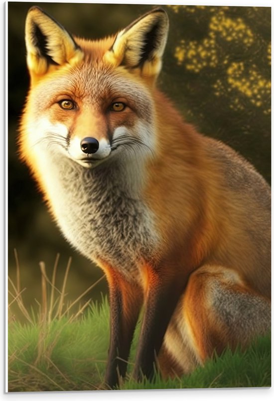 PVC Schuimplaat- Vos in de natuur zit voor een boom - 40x60 cm Foto op PVC Schuimplaat | bol