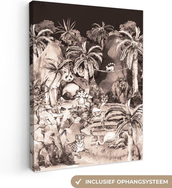 Canvas kinderen - Dieren - Jungle - Nacht - Palmboom - Bergen - Canvas ...