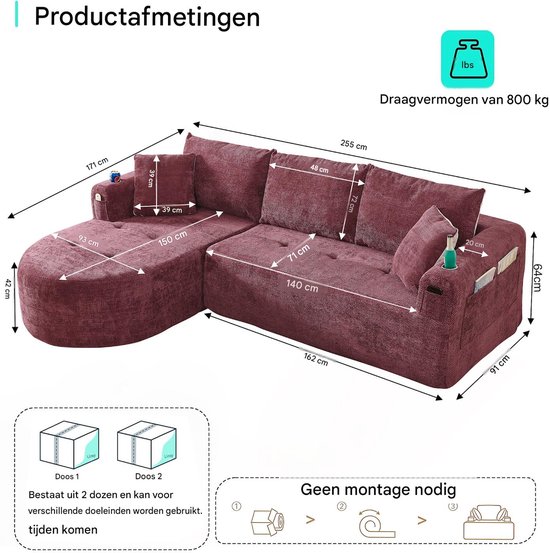 Hoekbank L-Vorm - Cloud Sofa 3-Zits Wijnrood - Met Bekerhouders En ...