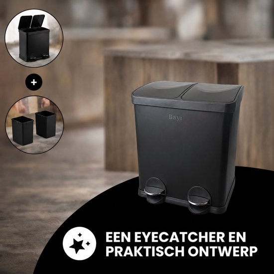 Bayt Pedaal Prullenbak - 30 liter - 2 vakken - Afvalscheiding - Zwart | bol