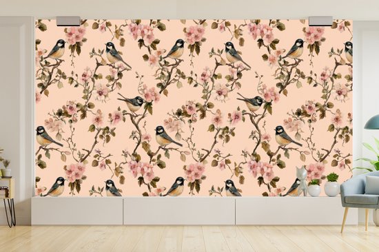 Behang - Fotobehang Bloesem - Koolmees - Roze - Breedte 430 cm x hoogte ...