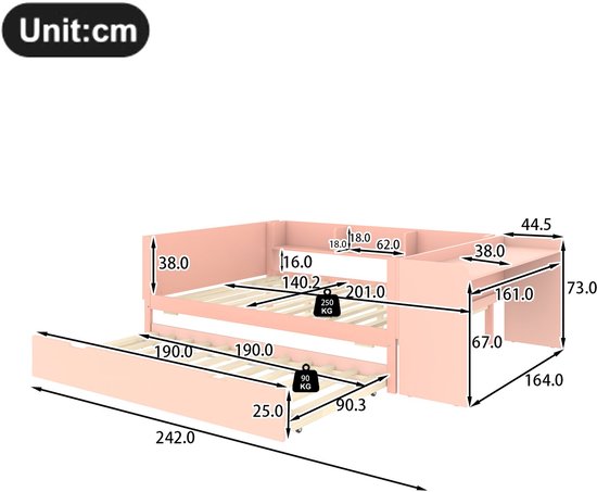 Plat bed - houten bed - 140x200cm - met bureau - met uitschuifbed ...