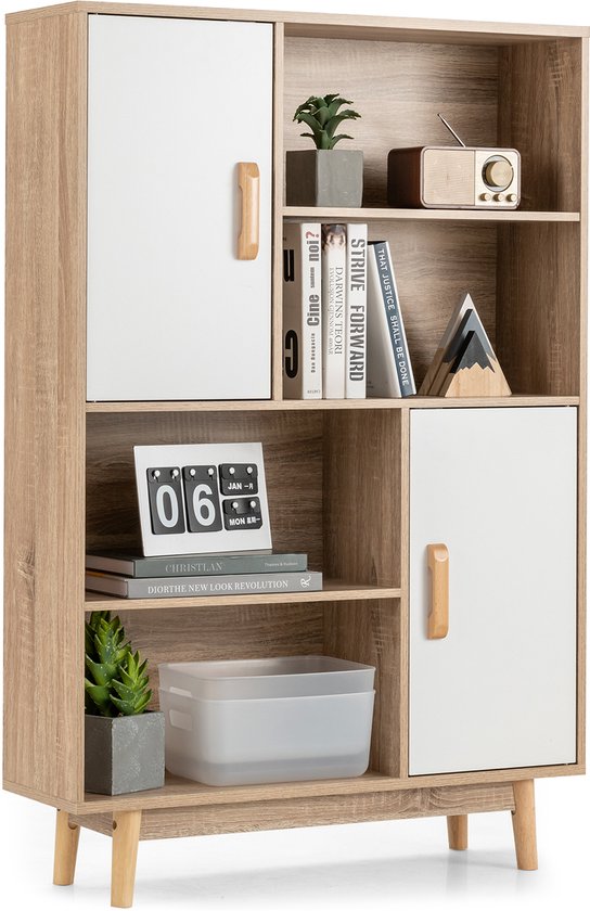 COSTWAY Boekenkast met 2 deuren en 4 open planken, hout, staand rek ...