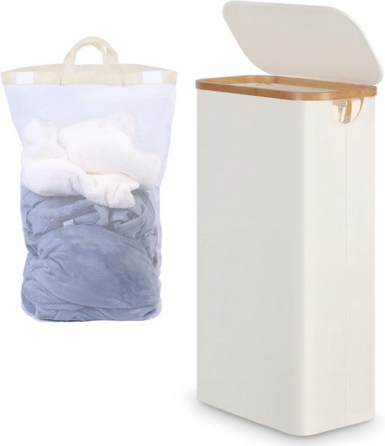 63 liter smalle wasmand met deksel beige opvouwbaar met bamboe ...