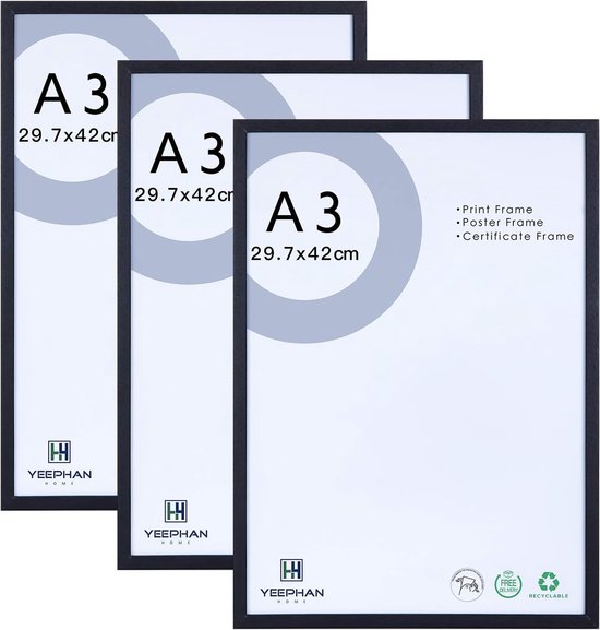 Set van 3 A3 fotolijsten - zwart - massief hout - 29,7 x 42 cm | bol