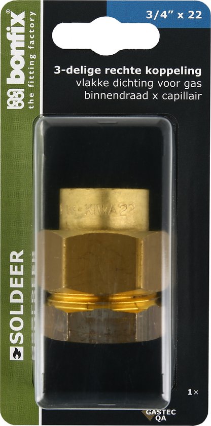 Bonfix 3-delige rechte koppeling 3/4 x 22 - met vlakke dichting voor gas - binnendraad... | bol