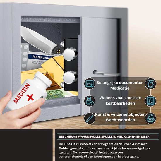 CRLYN® Geldkistje Brandwerend - Kluis met Sleutel - L - Grijs | bol