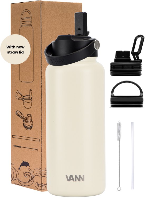 VANN® 3-Wandige RVS Drinkfles 1 Liter met rietje voor volwassenen – Met ...
