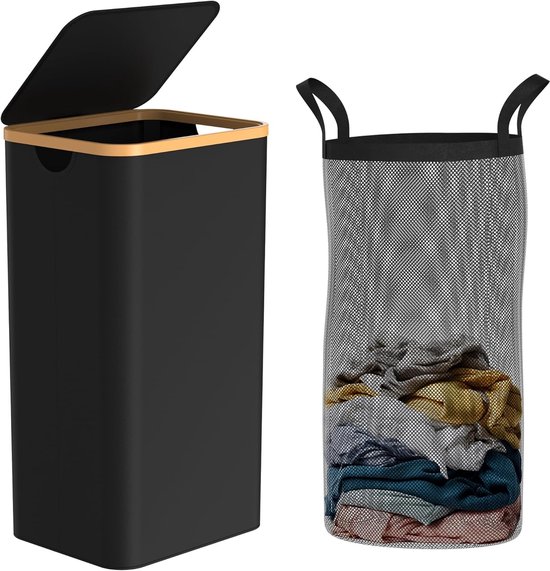 Slanke wasmand met deksel, 100 liter (26,4 gallon) Zwarte slanke wasmand met... | bol