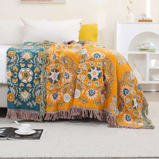 Boraboi ® Luxueuze Grote Boho Deken van Zacht Katoen met Bloemenpatroon en Omkeerbaar... | bol