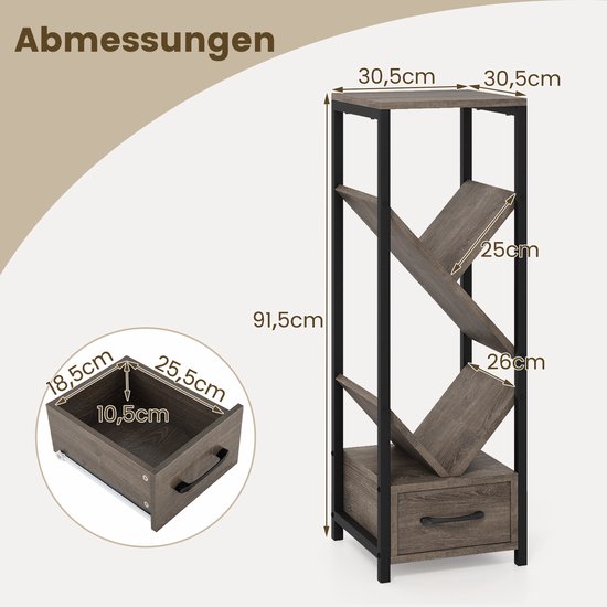 COSTWAY Boekenkast in boomvorm, 4 niveaus, staand rek met lade en ...
