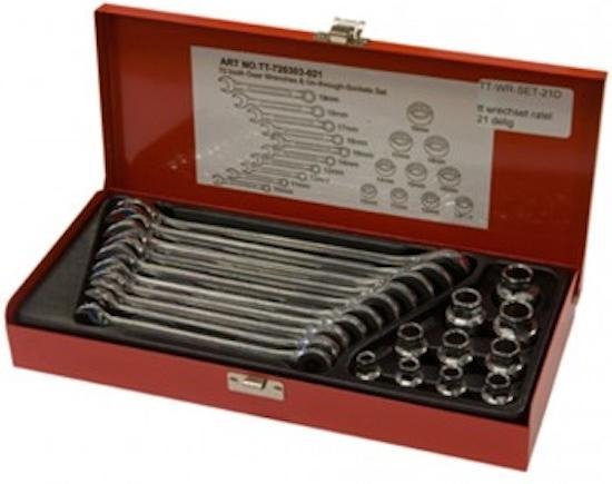 Steek-ring ratel sleutelset 21 delig in metalen gereedschapskistje | bol