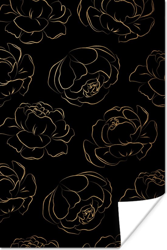 Poster Goud - Rozen - Patronen - Bloemen - Line Art - 80x120 cm | bol