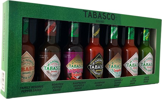 TABASCO® Brand Cadeau Set 'ESSENTIAL MIX' 7 x 148ml glazen flessen | bol