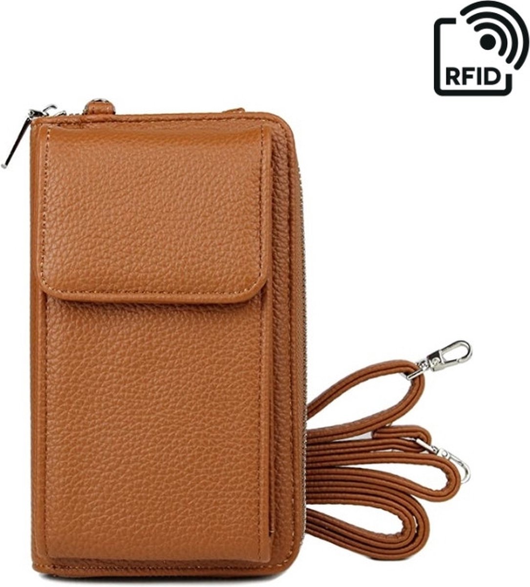 Portemonnee tasje RFID met schouderband cognac -telefoontasje dames ...