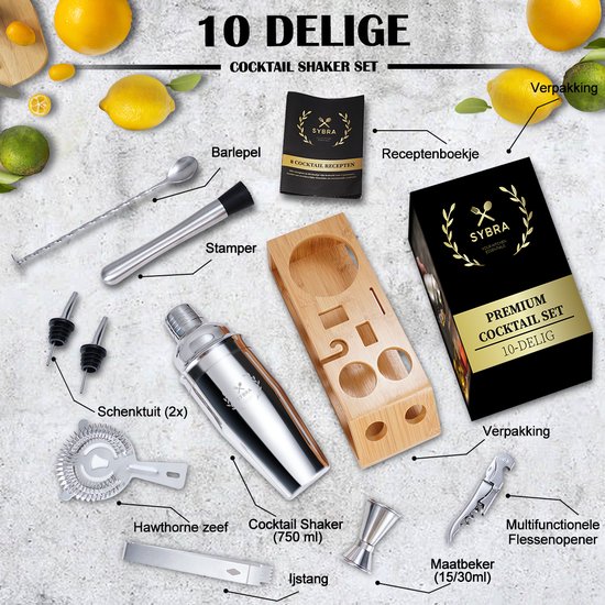 Sybra Cocktailset - 10 Delig - Cocktail shaker - Cocktail boek ...