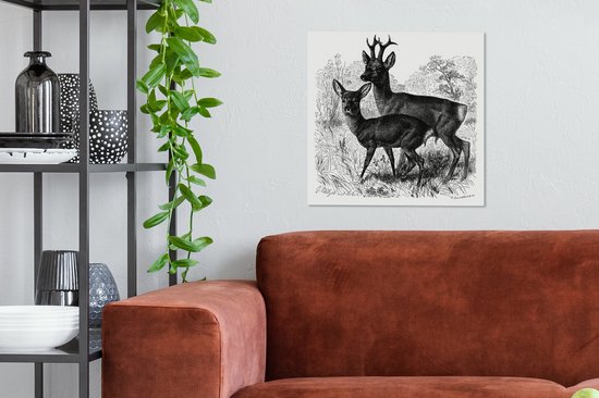 Canvas Schilderij Een zwart witte tekening van reeën in de natuur ...
