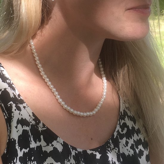 Parel- Wit- Halsketting- 100% Allergie Vrij -Stretch-Dames- 6 mm- Easy ...