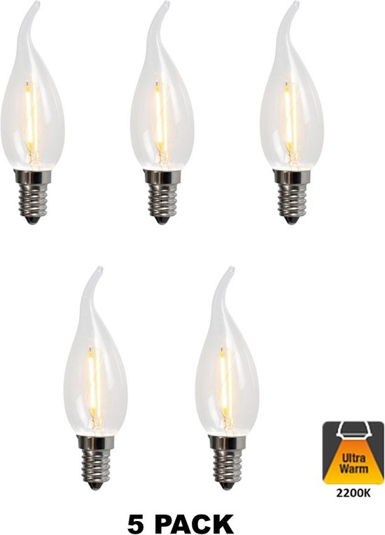 5 PACK - E14 Filament Kaars met Tip, 1 w, 100 Lumen, 2200K Flame | bol.com
