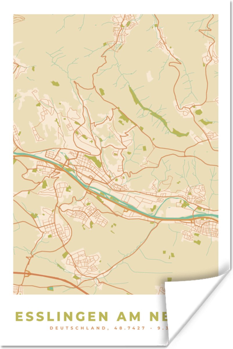 Poster Esslingen am Neckar - Plattegrond - Kaart - Vintage - Stadskaart ...