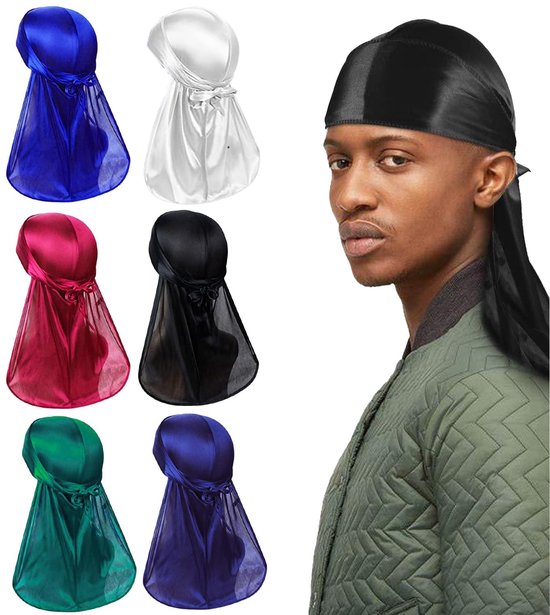 6 stuks Silky Men Durag, Pack Durags Do Rags met lange staart en brede ...