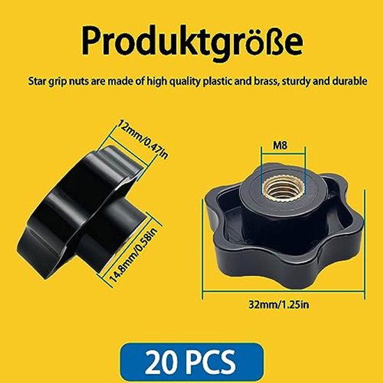 Star Grip Nuts Female Thread M8 × 32 mm, 20 Pieces Clamp Knob, Black ...