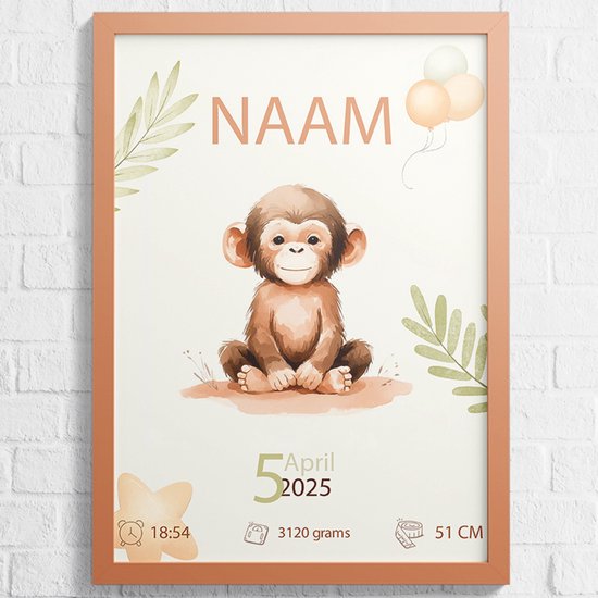 Babyposter - Aap - Gepersonaliseerd met naam en geboorte gegevens ...