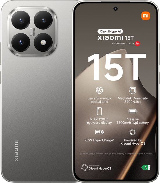 Xiaomi 15T - 12GB/256GB - Grijs - AMOLED-display - Leica camera | bol