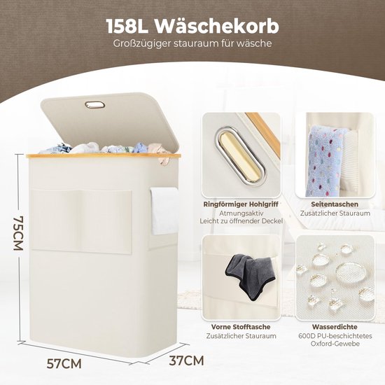 Wasmand met deksel, 3 vakken, 158 l, wasverzamelaar, opvouwbaar, van ...