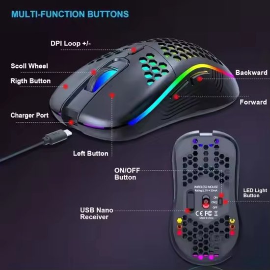 EMPTY M7 Lightweight Gaming Mouse – draadloos, RGB-verlichting ...