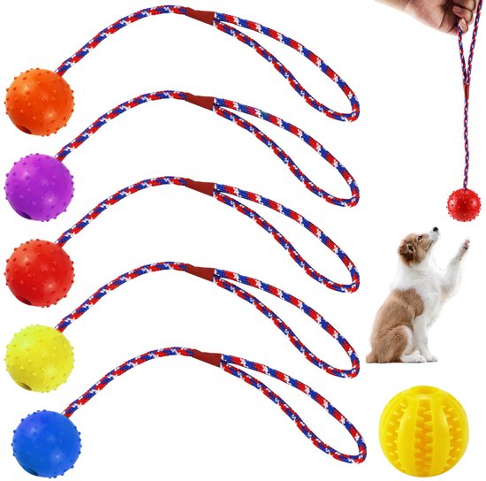 Azomor® Set van zes kleurrijke hondenballen met touw en voederbal voor ...