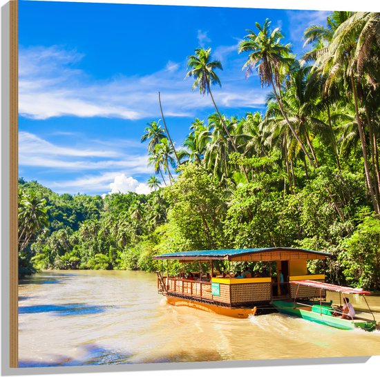 Hout - Tropisch Kleurrijke Boot varend over Rivier in de Jungle - 80x80 ...