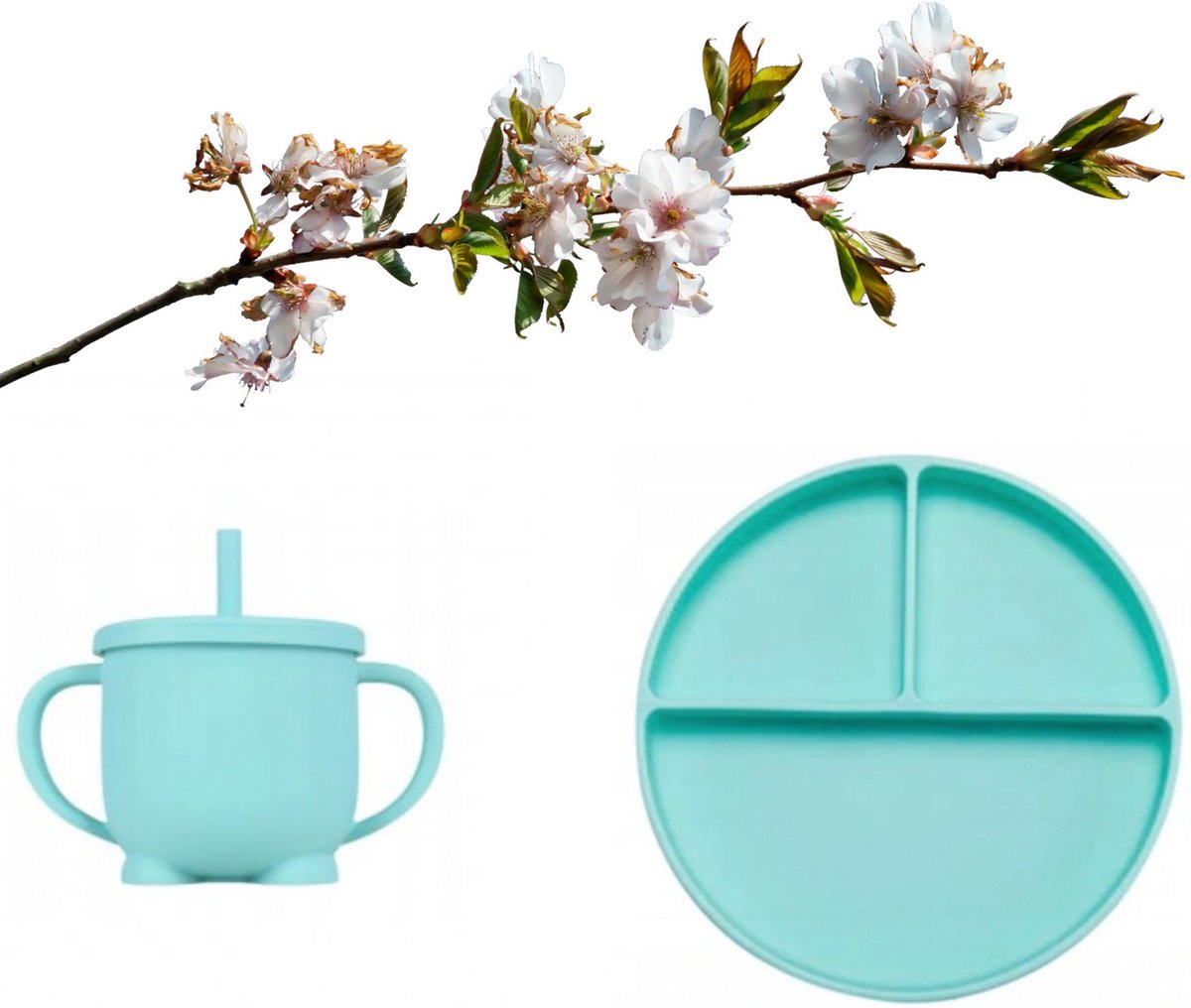 Baby servies -Bordje end Oefenbeker met Rietje-Siliconen servies baby ...