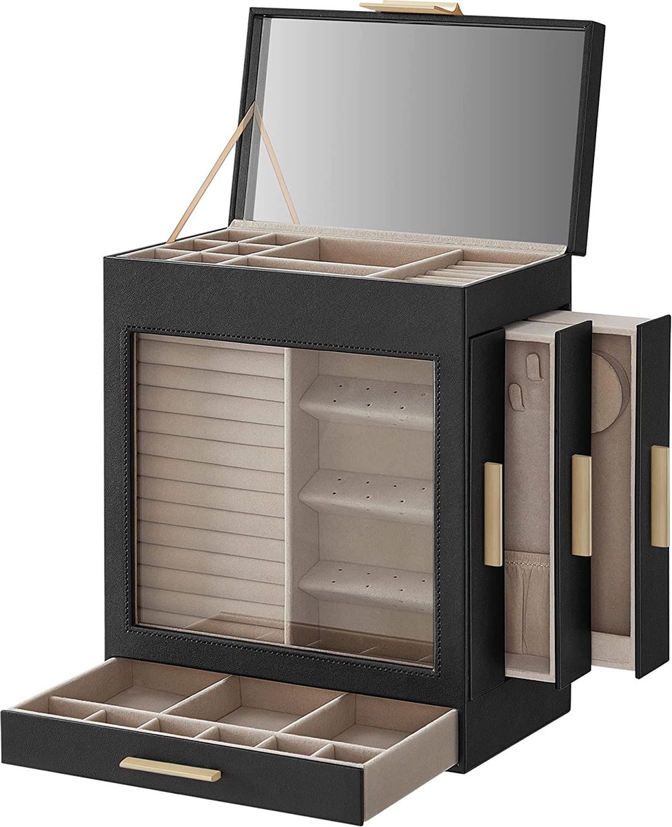 Sieradendoos, 5 niveaus, sieradendoos met glazen deksel, zijladen ...