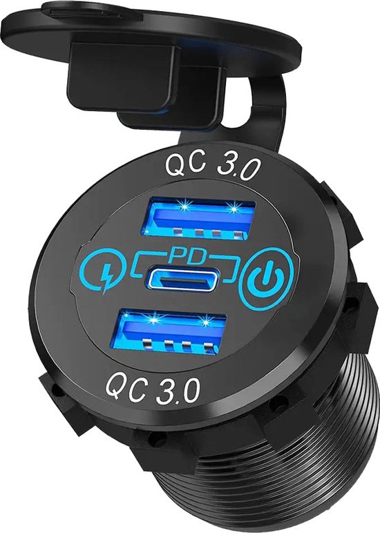 Dual USB/USB-C stopcontact QC3.0 met Aan-Uit Schakelaar - 12-24V - 5V ...