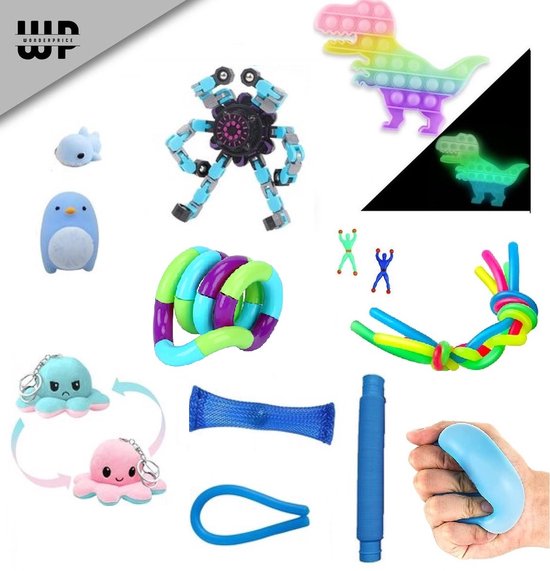Fidget Toys Pakket Dino Pop It XL Glow in dark Blauw - 12 Stuks - Glow ...