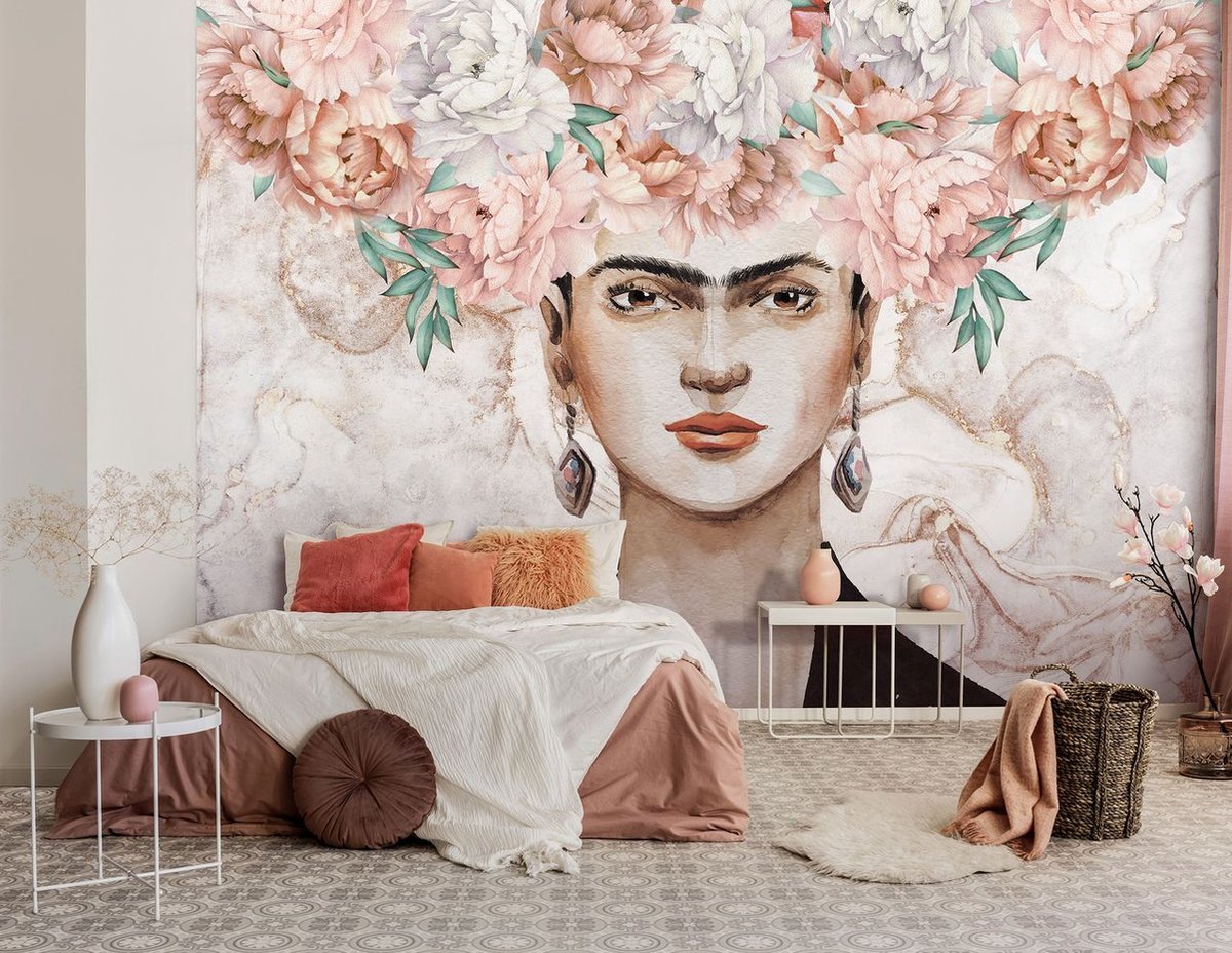Fotobehang - Vlies Behang - Frida Kahlo Roze Pioenrozen Kunst - 254 x 184 cm | bol
