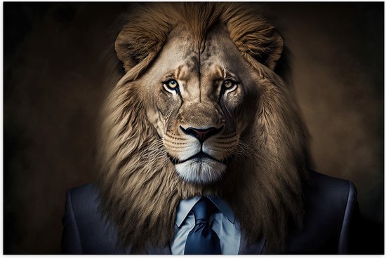 Poster (Mat) - Mannetjesleeuw met Volle Manen in Zakelijk Pak - 60x40 ...