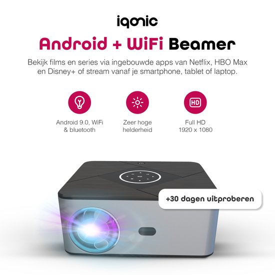 Iqonic Beamer - Full HD Android 9.0 - WiFi en Bluetooth - 11000 Lumen | bol