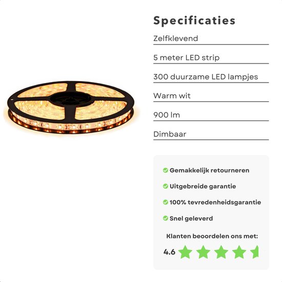 Cheqo® Warm Witte LED Strip - Led Strips - Zelfklevend - Dimbaar - Met ...